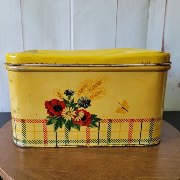 Kitchen | Vintage Metal Bread Box Yellowfloral Rustic Farmhouse Kitchen ...